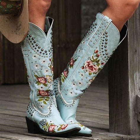 Women Rider Tall Boots Knee High Multicolor Pu Pointed Toe Retro Floral