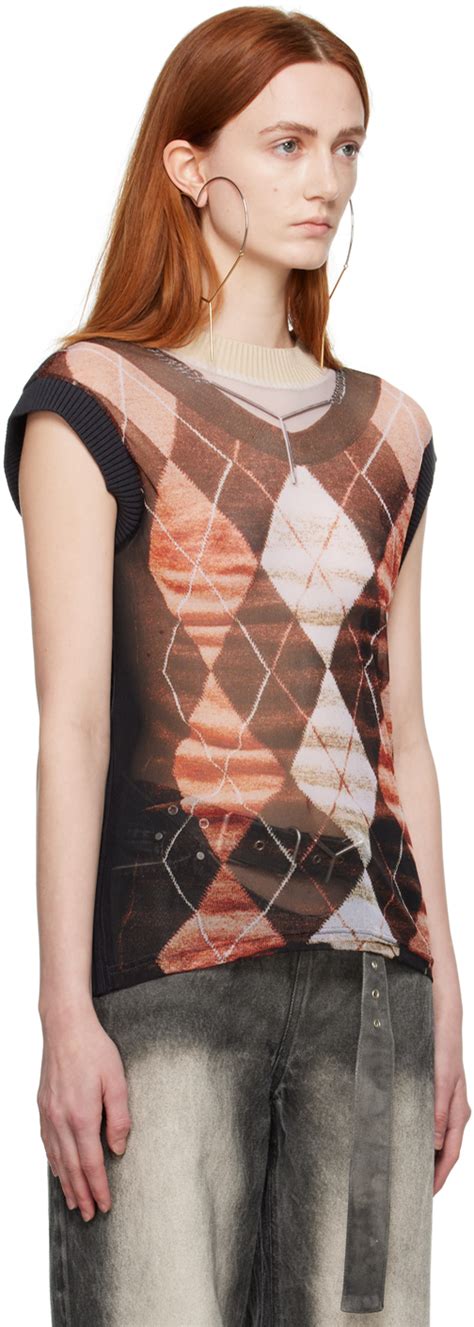 Yproject 오렌지 And 그레이 Jean Paul Gaultier 에디션 트롬페 로에일 아가일 탱크 탑 페칭