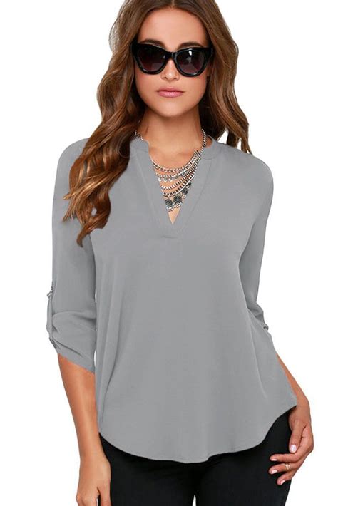 Grey V Neck Loose Fitting Chiffon Blouse Laveliq Blouses For Women