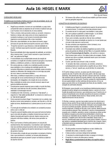 Aula 16 Hegel E Marx Pdf Dialética Georg Wilhelm Friedrich Hegel