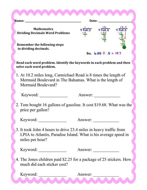 Dividing Decimals Word Problems Worksheet