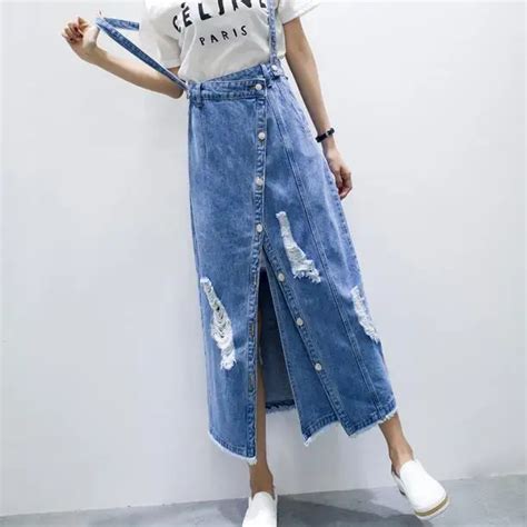 Ladies Irregular Front Slit Elegant Denim Skirts Suspender Split Saias Summer Ripped Womens