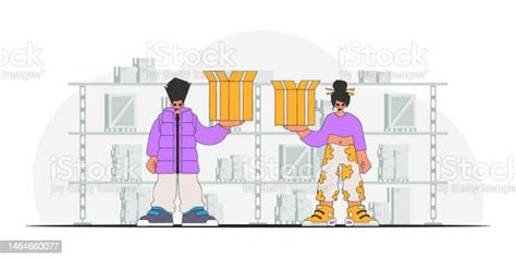 유쾌한 여자와 남자가 상자를 들고 있습니다 택배 팀 배송 및 화물 배송의 시각적 표현 가상현실에 대한 스톡 벡터 아트 및 기타 이미지 가상현실 남자 배달 Istock