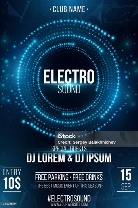 뮤지컬 행사를 위한 일렉트로 사운드 파티 전단지 디자인 빛나는 진동 점의 미래 지향적인 원 현대 음악 포스터입니다 나이트 클럽