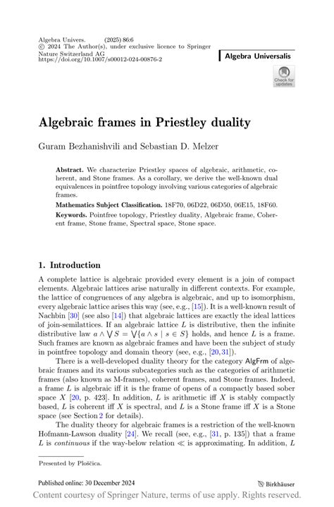 Algebraic Frames In Priestley Duality