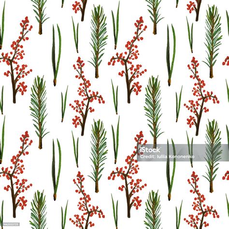 Seamless Pattern With Coniferous Needles Branches Of Winterberry And