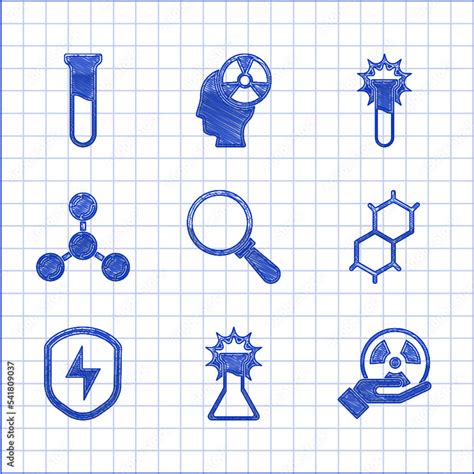 Set Magnifying Glass Test Tube And Flask Radioactive Chemical Formula Secure Shield With