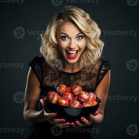 Woman In A Halloween Costume Holding A Bowl Of Candy With Mischievous Grin Ai Generative