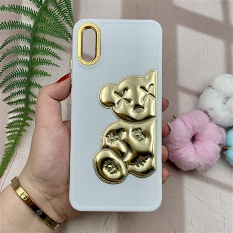 قاب گوشی Redmi 9a شیائومی سیلیکونی عروسکی تدی طلایی سه بعدی برجسته سفید