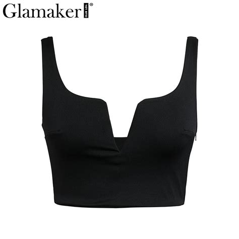 Glamaker Black Deep V Neck Sexy Crop Top White Strap Short Tank Tops