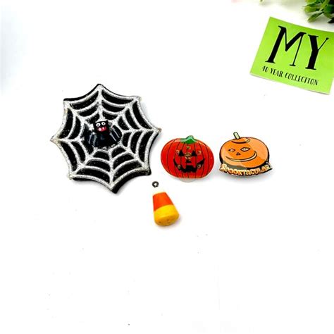 Vintage Halloween Pins Spider Web Candy Cane Pendant Gem