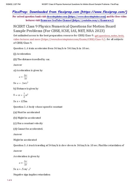 Ncert Class 9 Physics Numerical Questions For Motion Cbse Board Sample