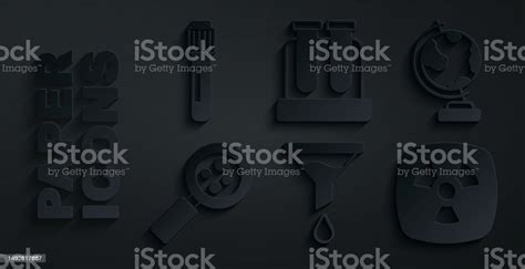 Set Funnel Or Filter Earth Globe Microorganisms Under Magnifier Radioactive Test Tube And Icon