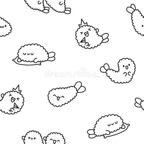 Funny Tempura Shrimp Characters Coloring Page Stock Vector