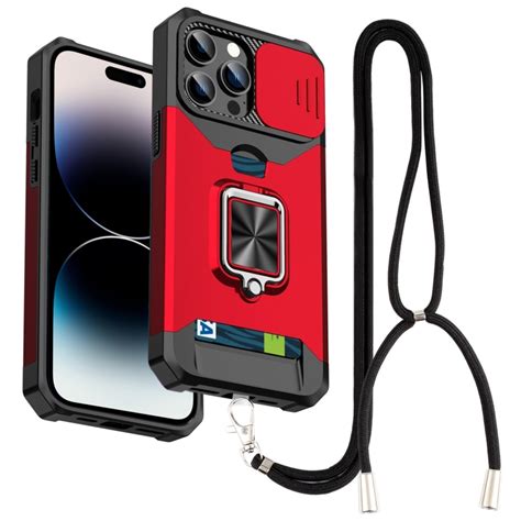 For Iphone 14 Pro Lanyard Slide Camshield Ring Card Phone Casered