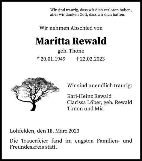 Traueranzeigen Von Maritta Rewald Trauerhnade