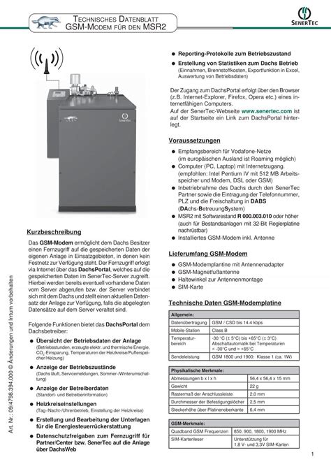 Technisches Datenblatt Dachs Modem SENERTEC Service