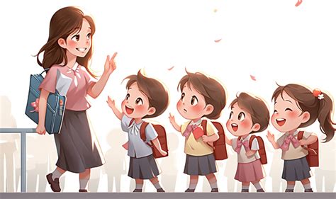 老师在校门口和可爱的学生们打招呼创意插画图片素材下载格式熊猫办公