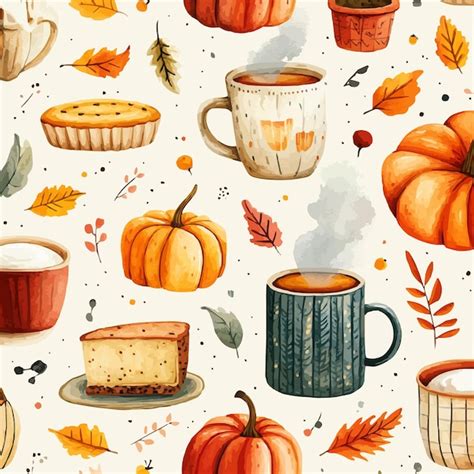 Colorful Fall Pattern Of Autumn Items Including Pumpkins Coffee Mugs
