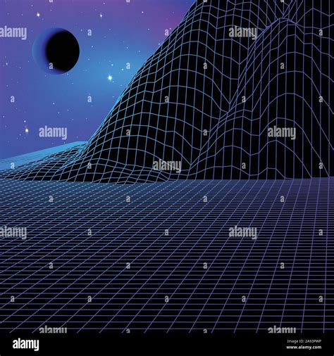 Landscape With Wireframe Grid Of S Styled Retro Computer Game Or Science Background D