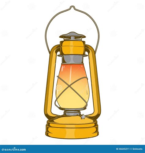 Antique Brass Old Kerosene Lamp Isolated On A White Background Colored Line Art Retro Design