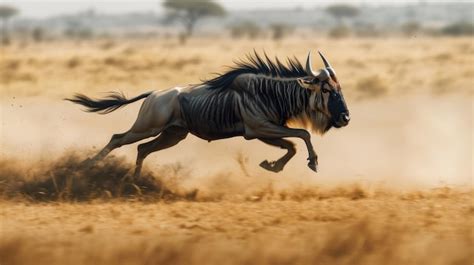 Wildebeest Running Through The Savanna Premium Ai Generated Image