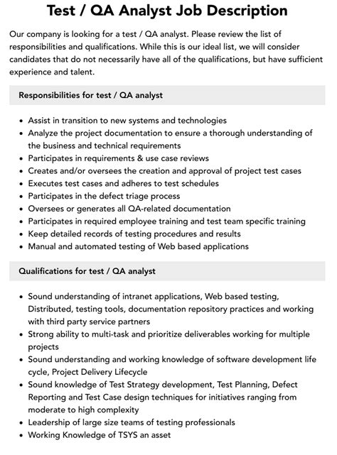 Test QA Analyst Job Description Velvet Jobs