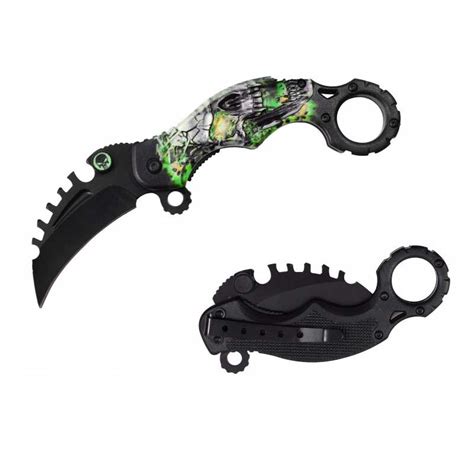 Green Skull Karambit Reverse Sawblade Spring Assist Folding