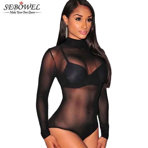 Buy Sebowel Sexy Nude Bodysuit Women Long Sleeve Black Sheer Mesh Bodysuits See