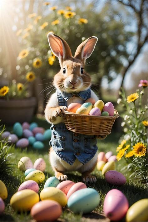 A Picture Of A Large Easter Bunny Carrying A Basket Filled With Eggs