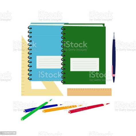 학습을위한 학교 용품 노트북과 컬러 연필 학교로 돌아갑니다 교육 개념 벡터 그림입니다 9월에 대한 스톡 벡터 아트 및 기타