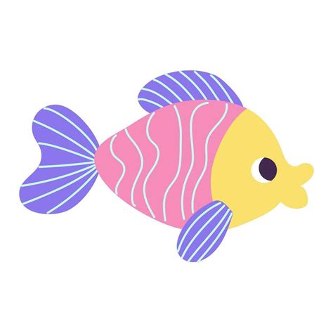 Isolated Cartoon Yellow Purple Pink Marine Fish With Lines In Hand