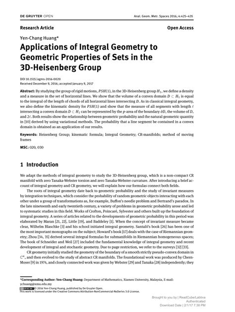 Pdf Applications Of Integral Geometry To Geometric Properties Of Sets In The 3d Heisenberg Group