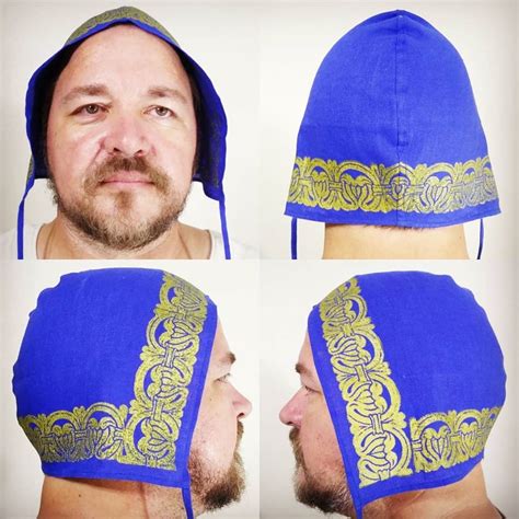 Large Linen Coif Arming Cap In Blue With Premium Gold 12th Century Pattern Print Racaires