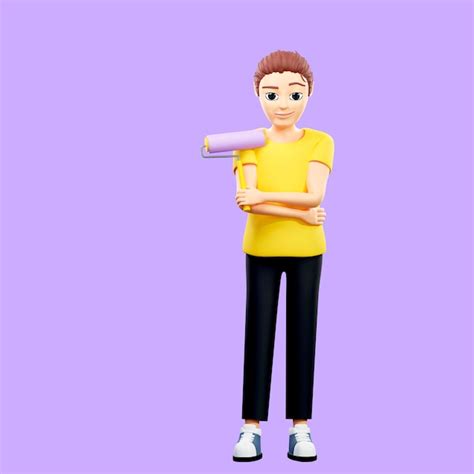 롤러를 들고 있는 남자의 래스터 그림 노란색 티셔츠를 입은 젊은 남자가 벽을 칠할 페인트 아티스트 웹 디자인 건설 비즈니스 및