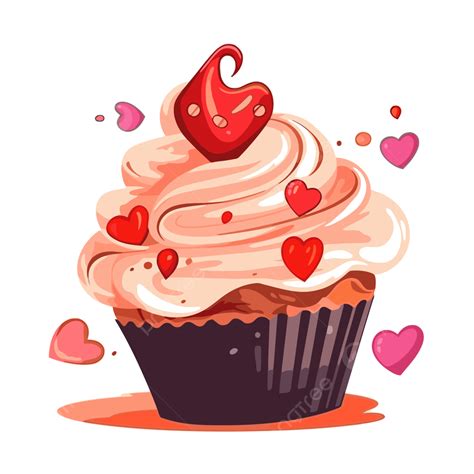 عيد الحب كب كيك Clipart لطيف أحمر كب كيك مع قلوب على الجزء العلوي التوضيح الكرتون المتجه كب كيك