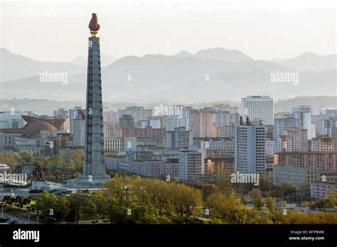 Pyongyang City Skyline And The Juche Tower Democratic Peoples