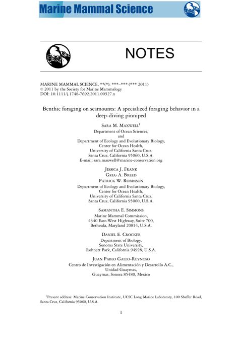 Pdf Benthic Foraging On Seamounts A Specialized Foraging Behavior In A Deep‐diving Pinniped