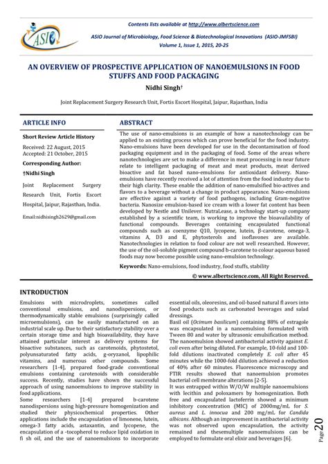 Pdf An Overview Of Prospective Application Of Nanoemulsions In Food