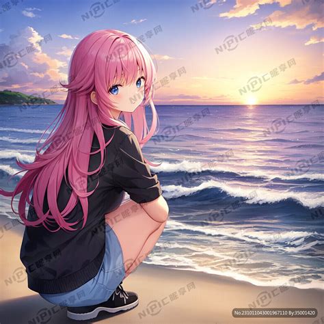 Ai创作图海边 沙滩 粉色天空 日出 城市远景 长发女生蹲着 看海 甜美 可爱 梦幻场景 昵图网