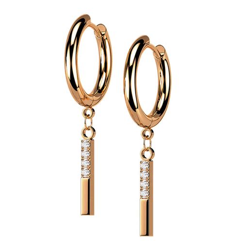 Rose Gold Pvd Dangle Bar Cz Stainless Steel Hinged Earrings