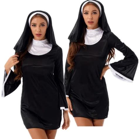 Womens Nun Role Play Costume Set Tutleneck Dress With Headscarf Fancy