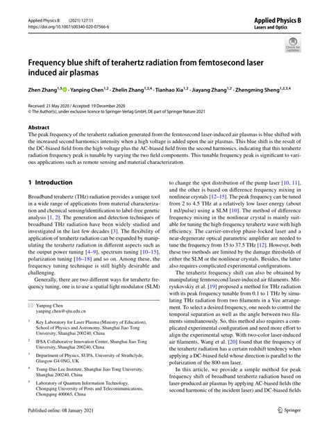 Pdf Frequency Blue Shift Of Terahertz Radiation From Femtosecond Laser Induced Air Plasmas