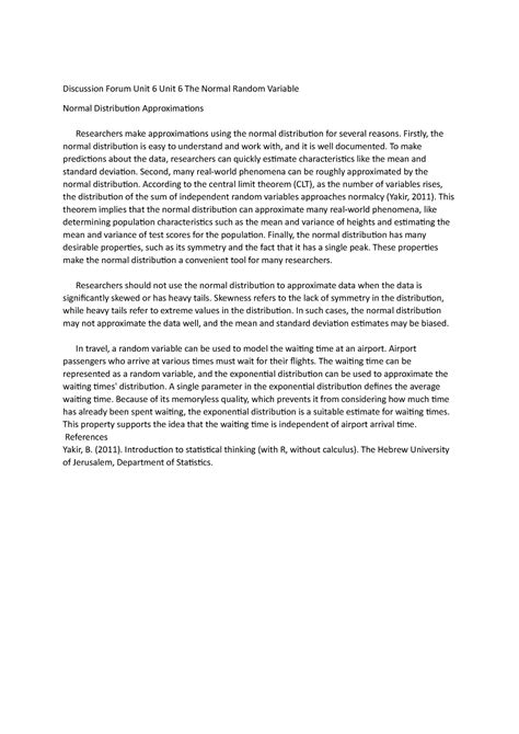 Discussion Forum Unit 6 Unit 6 The Normal Random Variable Discussion Forum Unit 6 Unit 6 The