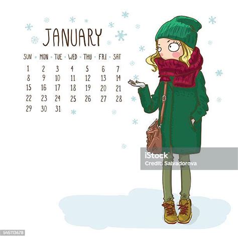 일정 2 017 재뉴어리 월 시즈닝하다 걸스 디자인식 벡터 일러스트레이션 1월에 대한 스톡 벡터 아트 및 기타 이미지 1월