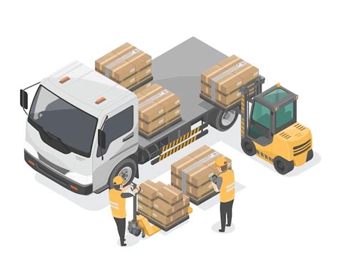 Premium Vector Medium Truck Isometric Waiting To Receive Goods Or Product And A Forklift