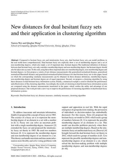 Pdf New Distances For Dual Hesitant Fuzzy Sets And Their Application In Clustering Algorithm