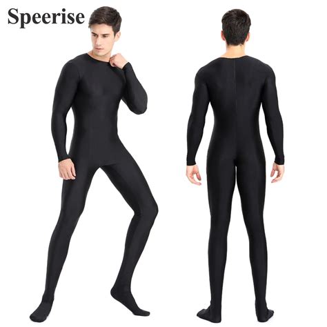 Men Black Spandex Zentai Long Sleeve Halloween Cosplay Unitard Footer Nylon One Piece Bodysuit