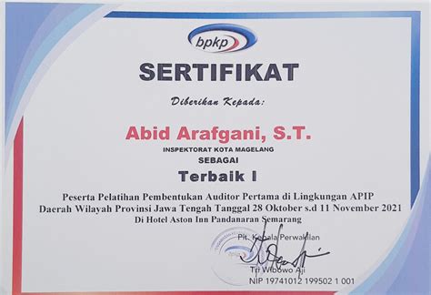 Apip Inspektorat Kota Magelang Raih Terbaik 1 Pembentukan Auditor