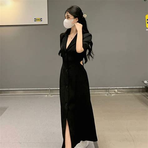 마리온 빅사이즈 하객룩 여성 정장원피스 블랙 하객원피스 옆트임 롱 A라인 싱글 기본 검은색 정장자켓 롱원피스 데이트룩20대직장인캐주얼 오피스룩